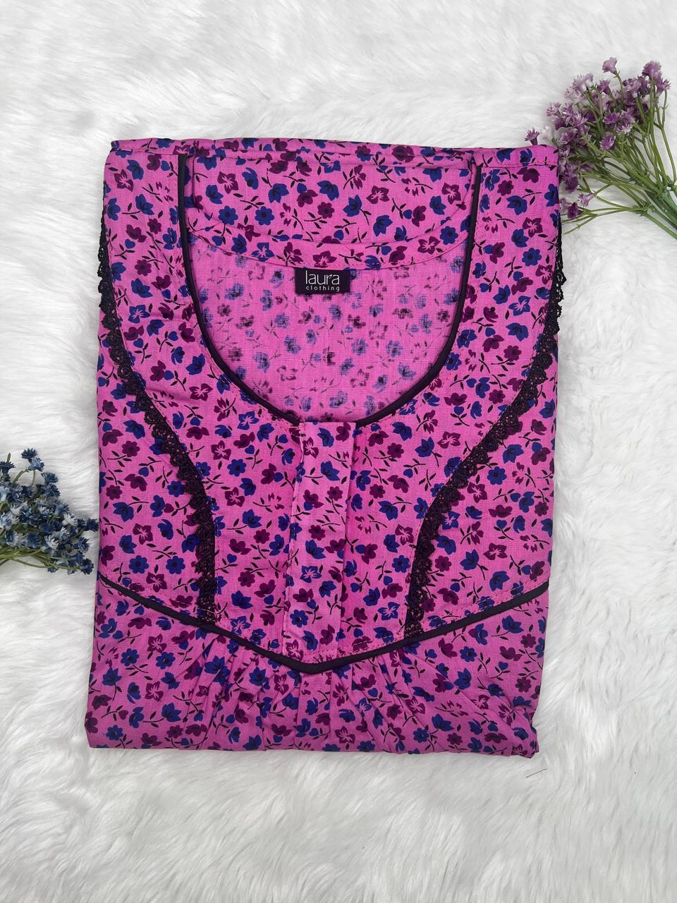 Deep Fuchsia Floral Printed Round Neck Normal Zip Pure Cotton Nighty F ...